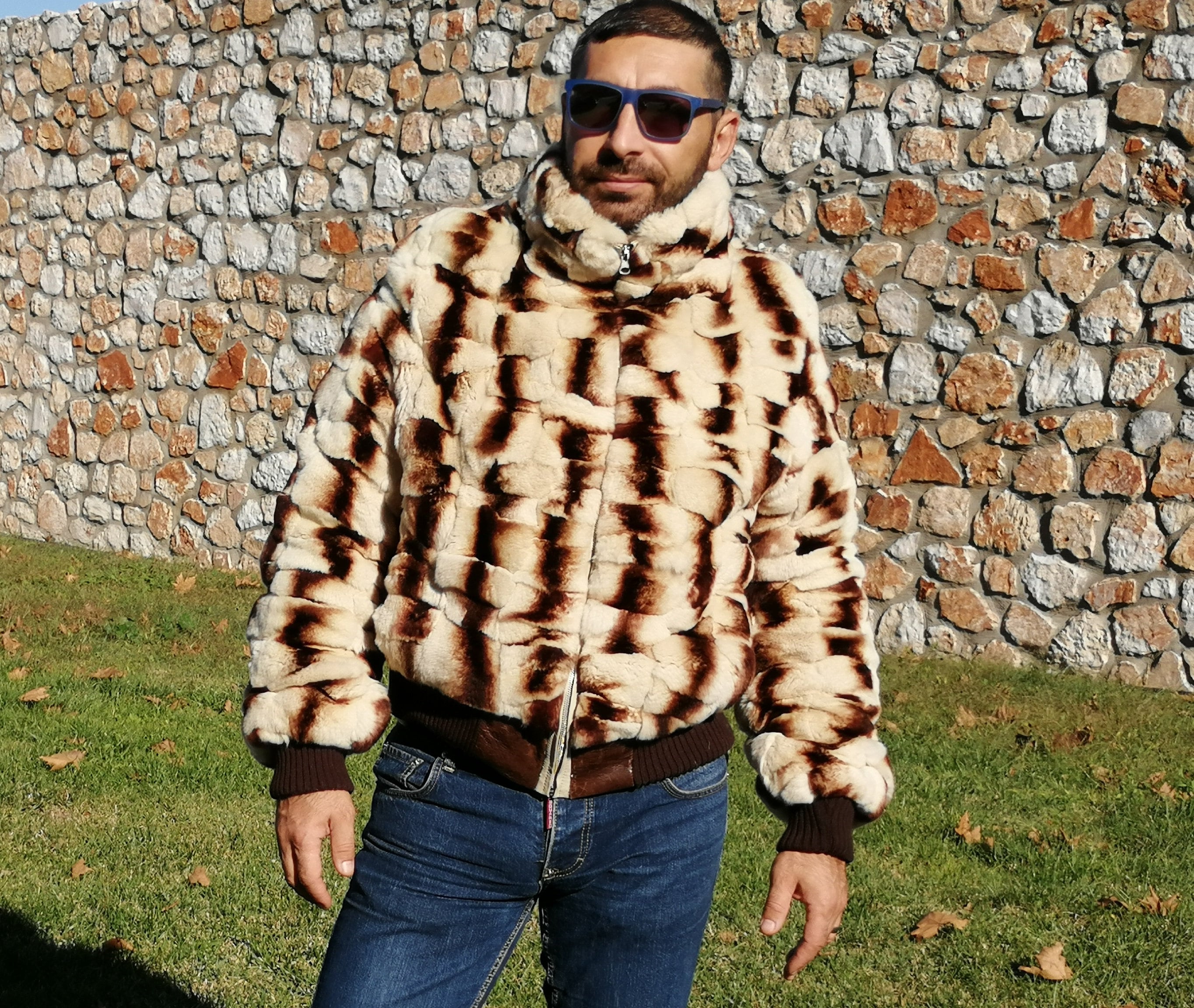 Men fur jacket beige rex rabbit