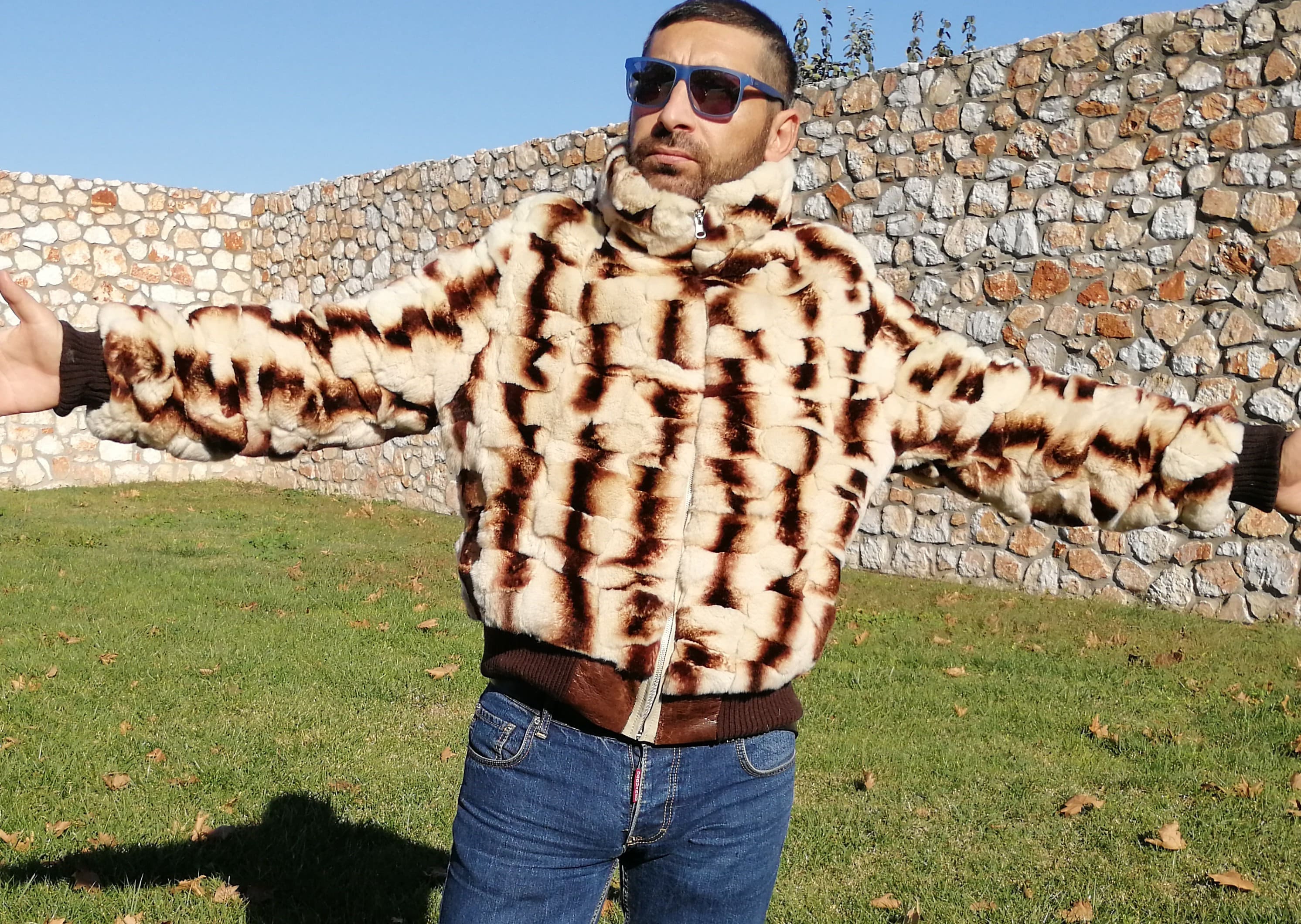 Men fur jacket beige rex rabbit