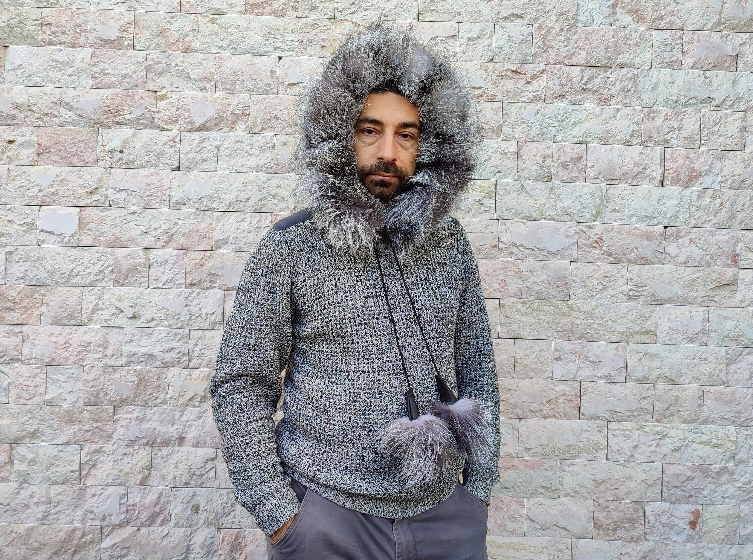 Blue navy rex rabbit hood with fox