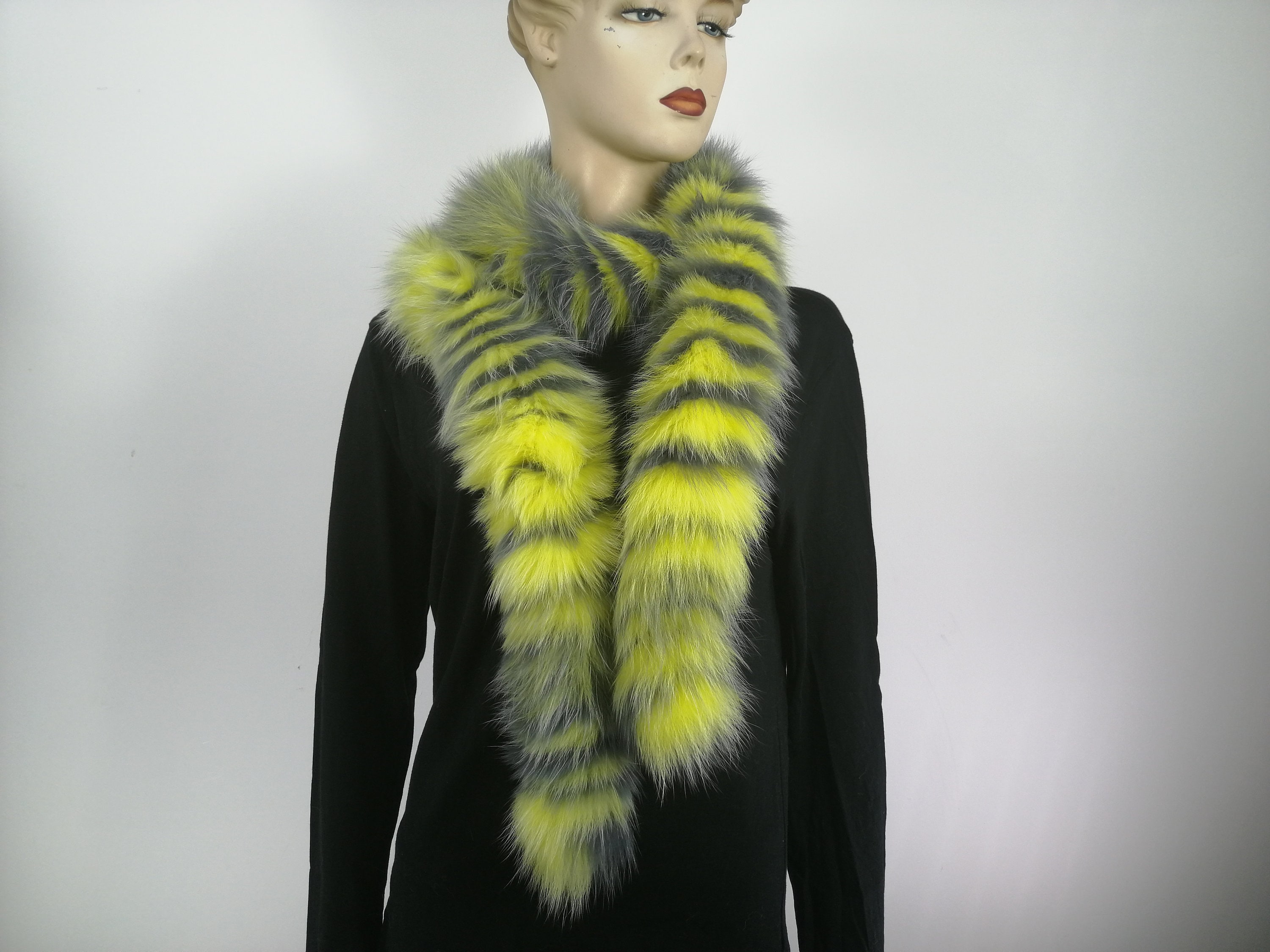 Real fox scarf yellow gray