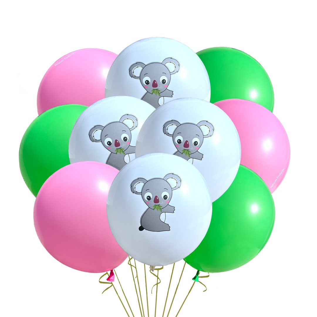 Koala Birthday Balloons, 12 Koala Balloon Decorations, Pink & Green ...