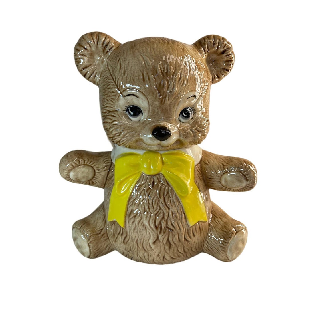 Vintage 80s Teddy Bear With Yellow Ribbon Ceramic Cookie Jar. - Etsy