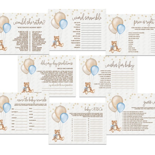 Teddy Bear Baby Shower Games Printable Pack Blue Brown Baby - Etsy Canada