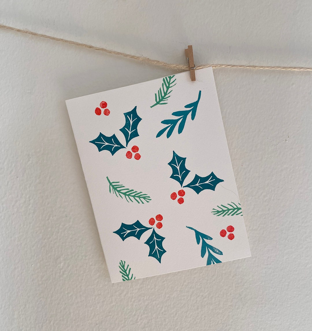 Holly - Linocut Christmas Card - Etsy