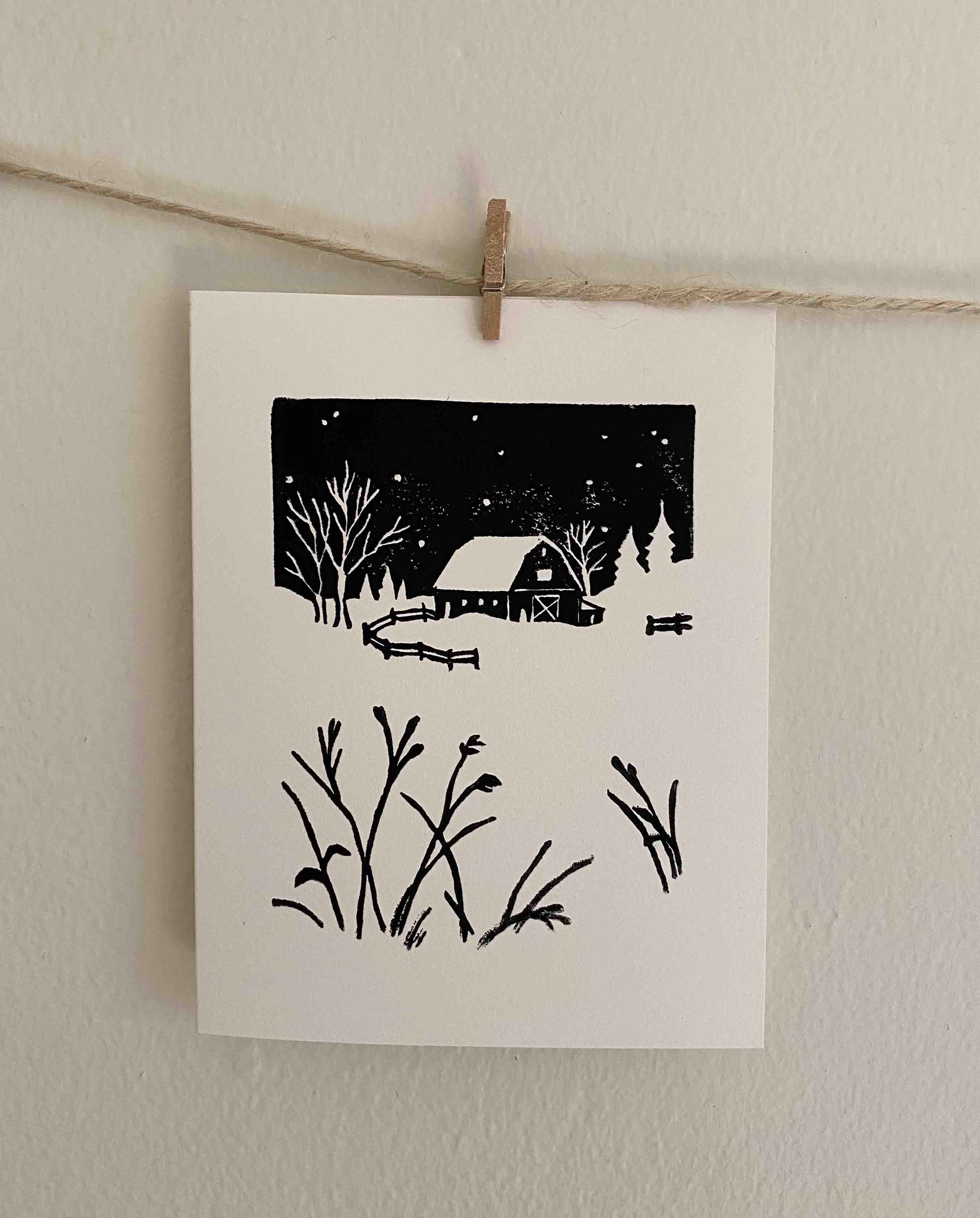 Snow Barn - Linocut Christmas Card - Etsy