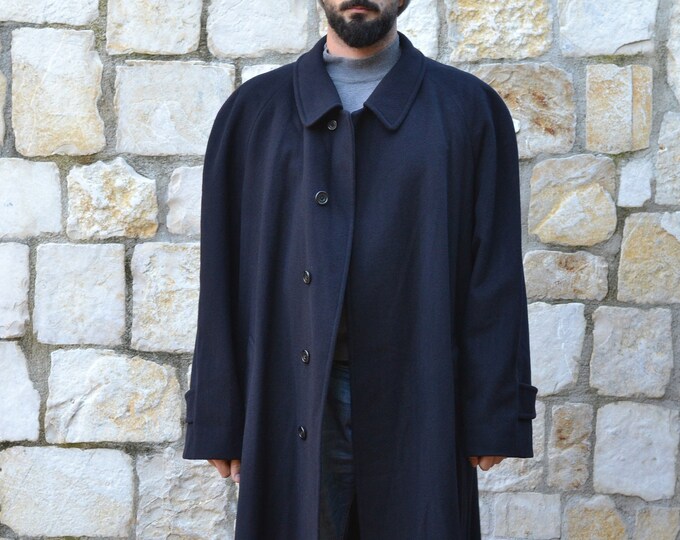 AQUASCUTUM Coat - Dark Blue Long Wool Coat Men / Vintage Raglan Winter ...