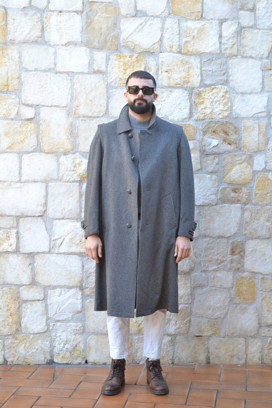 RARE Vintage Men’s Steinbock Grey Austrian Loden Wool Coat Long Preppy ...