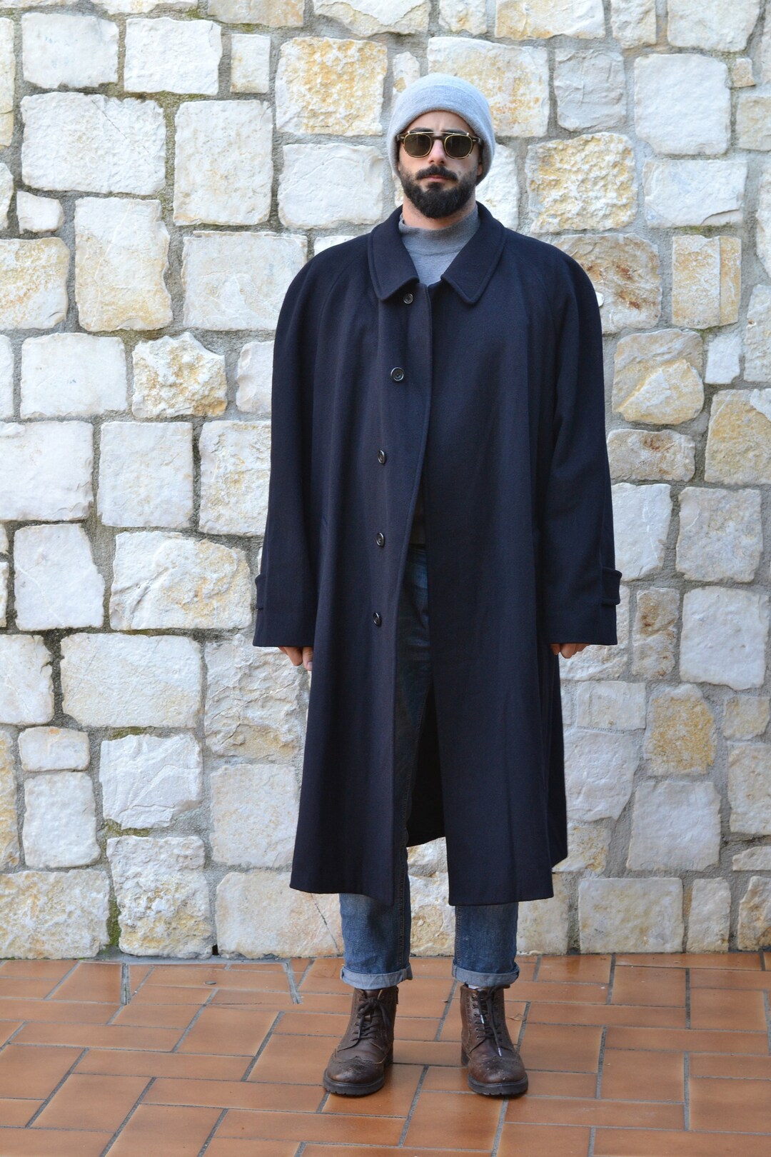 AQUASCUTUM Coat Dark Blue Long Wool Coat Men / Vintage Raglan Winter ...