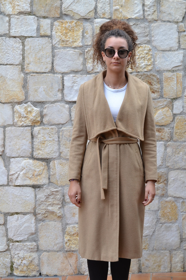 Intrend Max Mara Group Camel Wool Coat Women / Shawl Collar Belted Coat ...