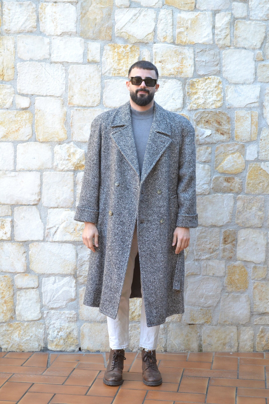 80s Vintage Tweed Coat Men, Vintage Herringbone Coat, Vintage Wool Coat ...
