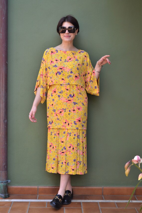 80s yellow floral pleated gatsby dress - Gem