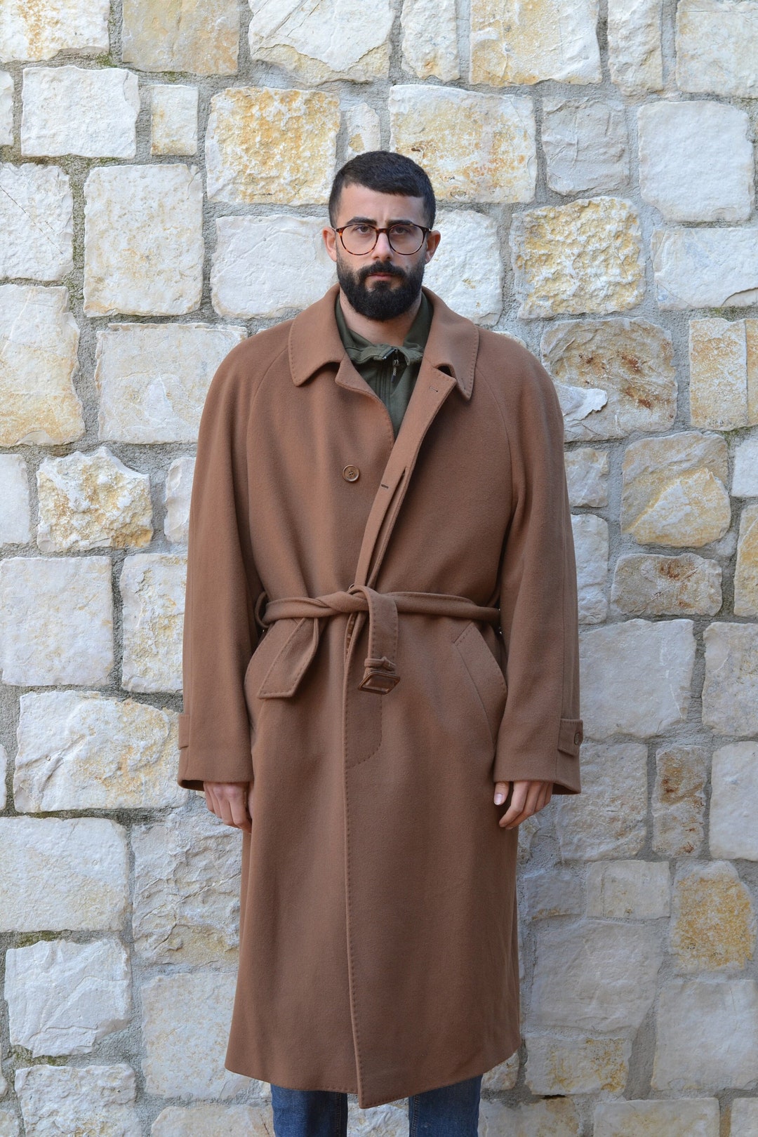 Altavilla - Caramel Cashmere Coat Men / Belted Long Wool Coat Men ...