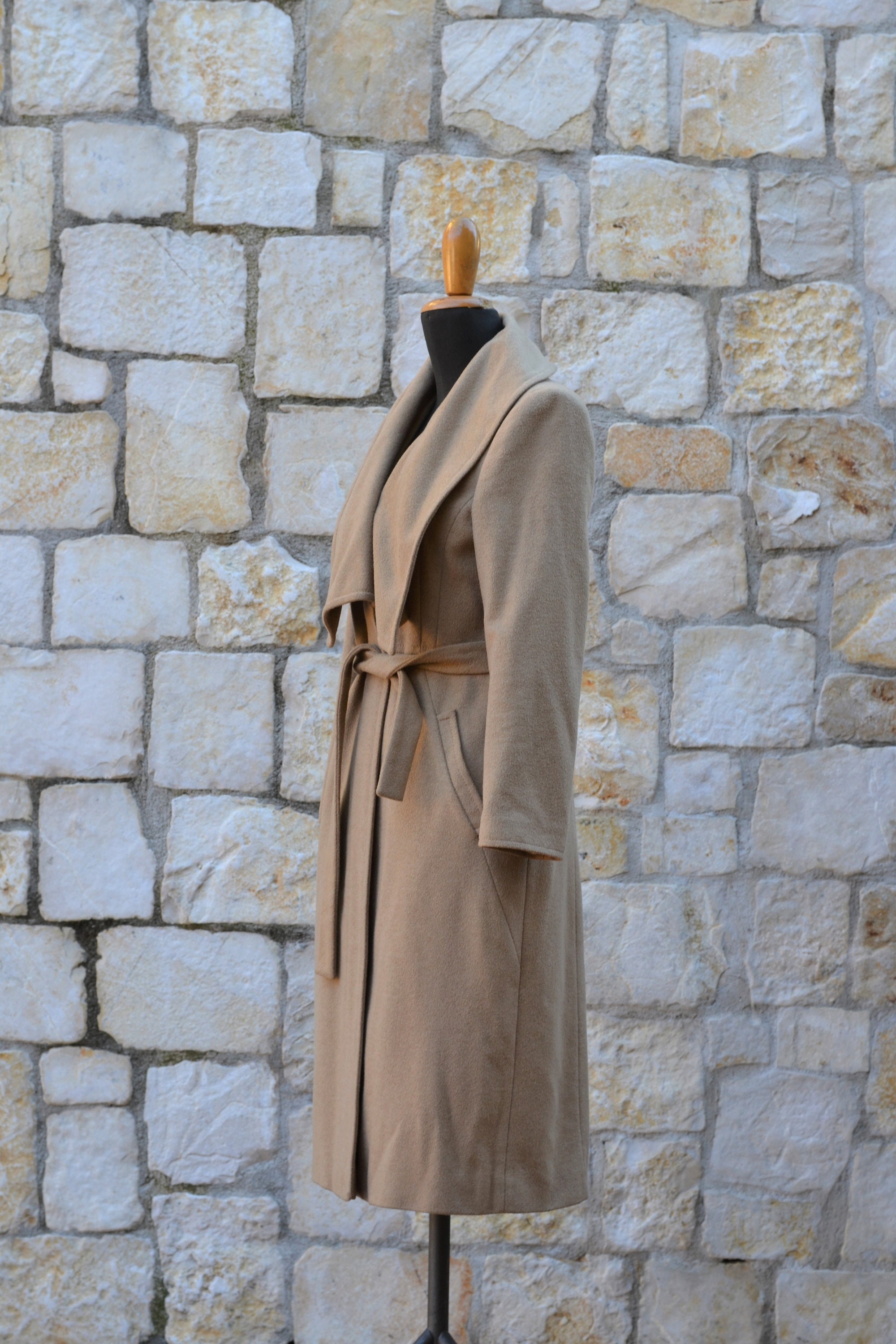 Intrend Max Mara Group Camel Wool Coat Women / Shawl Collar Belted Coat ...