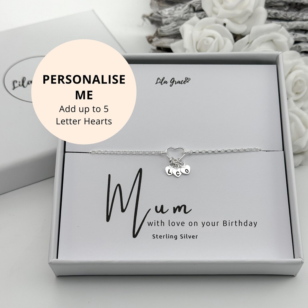 Sterling Silver Mum Letter Heart Bracelet - Personalised Initials ...