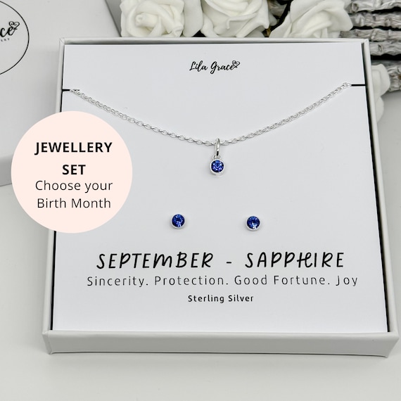 Sterling Silver September Blue Sapphire Birthstone Necklace and Stud Earrings Womens Girls Idea Birthday Christmas Jewellery Set Gifts Etsy