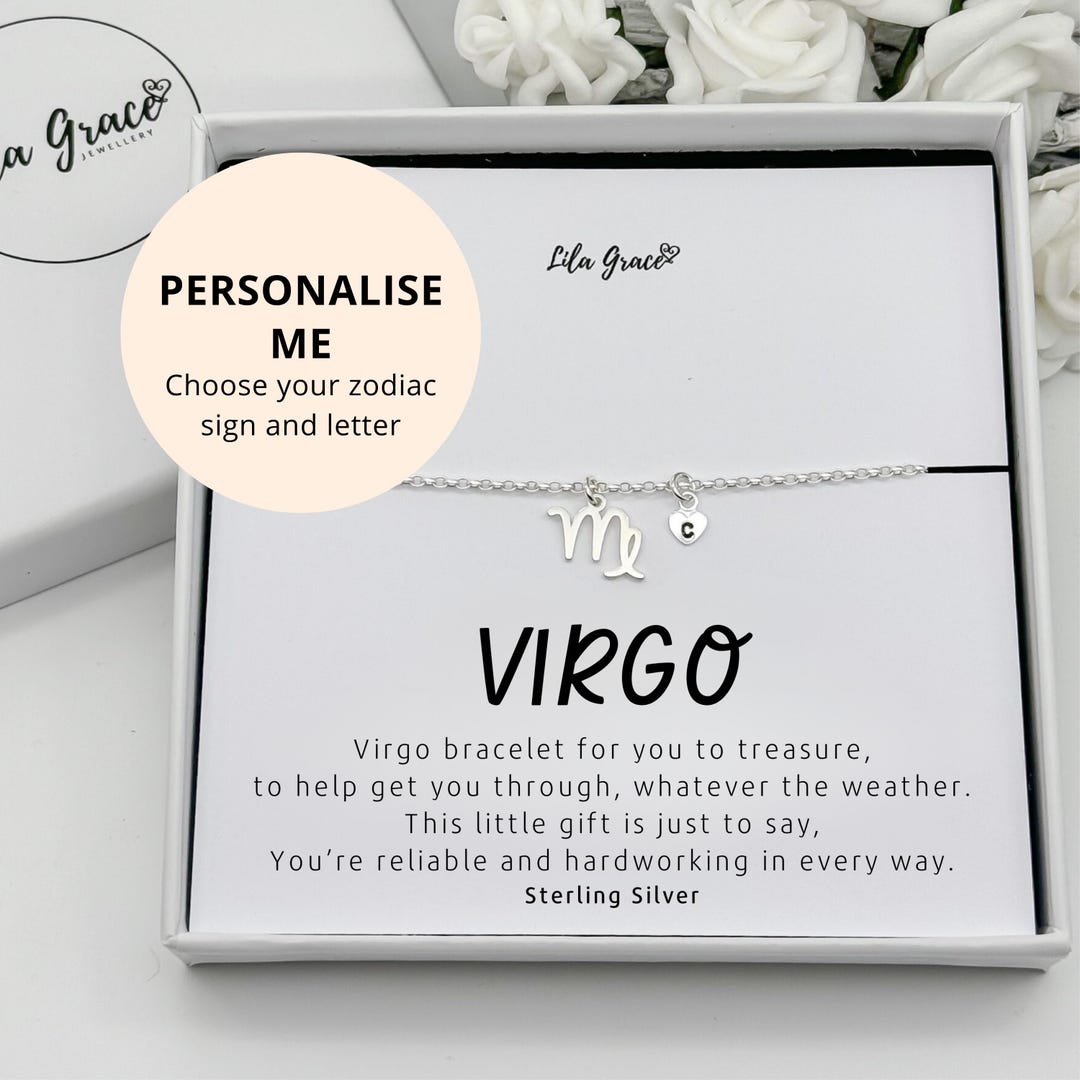Virgo Letter Sterling Silver Zodiac Bracelet - Heart Initial Star Sign ...