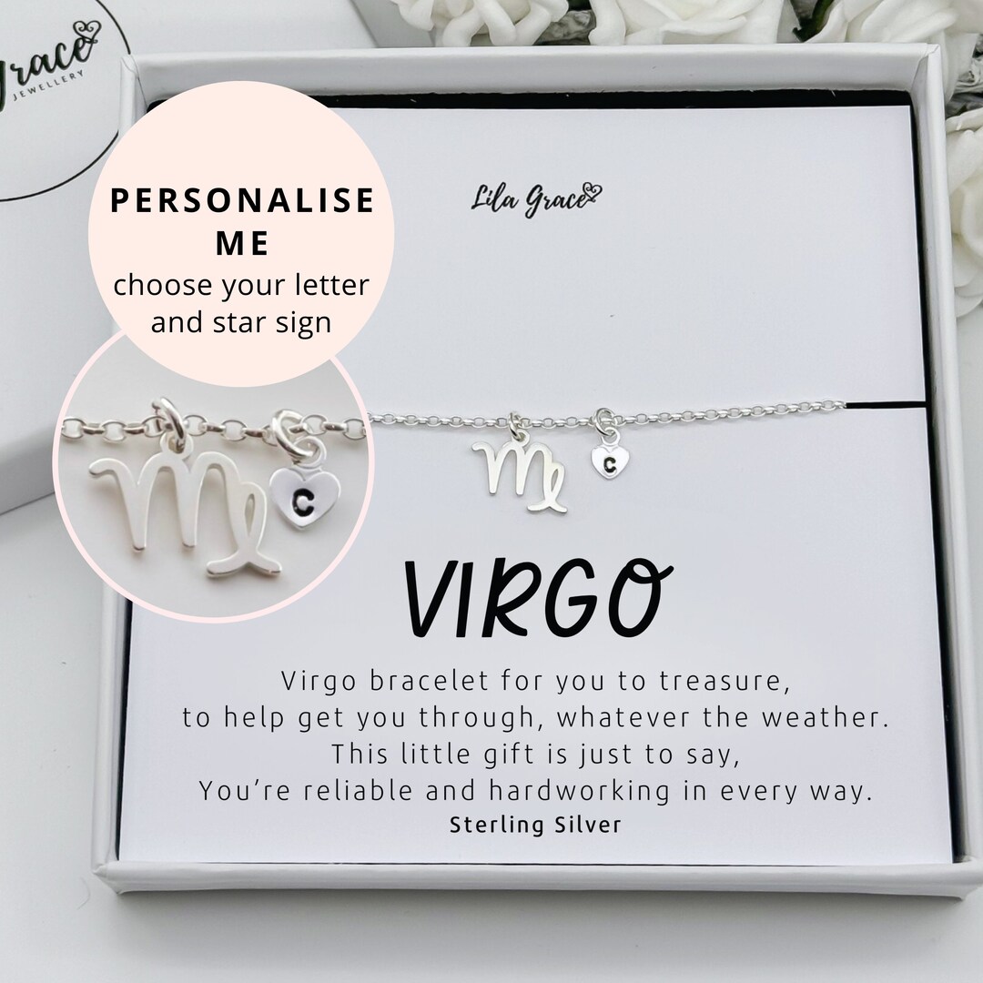 Virgo Letter Sterling Silver Zodiac Bracelet - Heart Initial Starsign ...