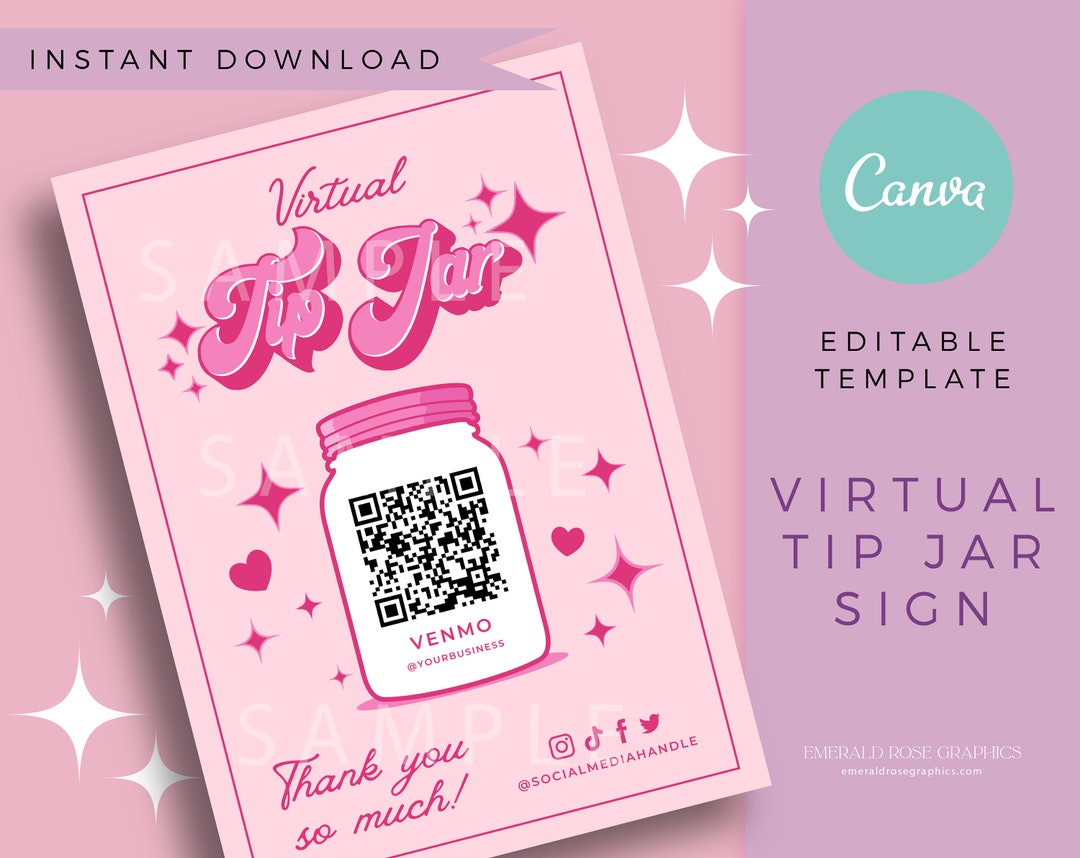 Virtual Tip Jar Sign Editable Canva Template Pink Retro - Etsy