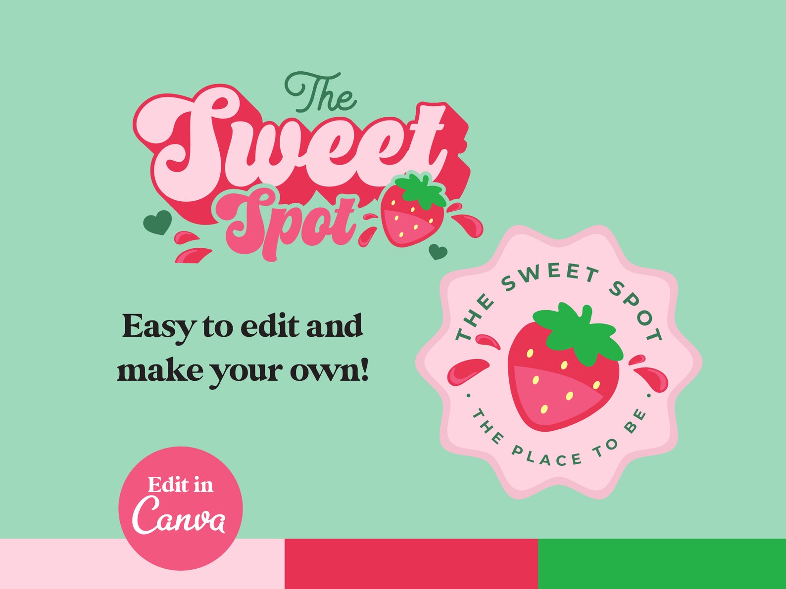 DIY Pink Strawberry Logo Canva Template Editable Fun Retro Logo Design ...
