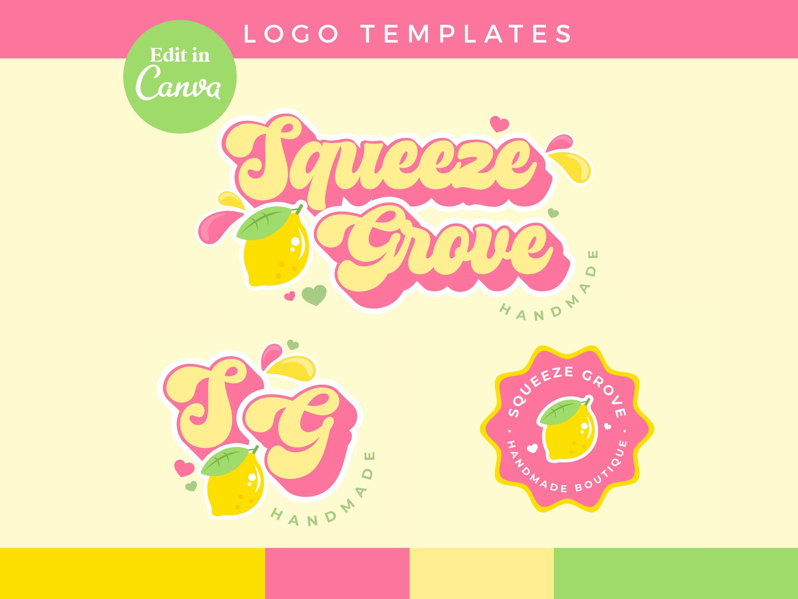 DIY Pink Yellow Lemon Logo Canva Template | Editable Fun Retro Logo ...