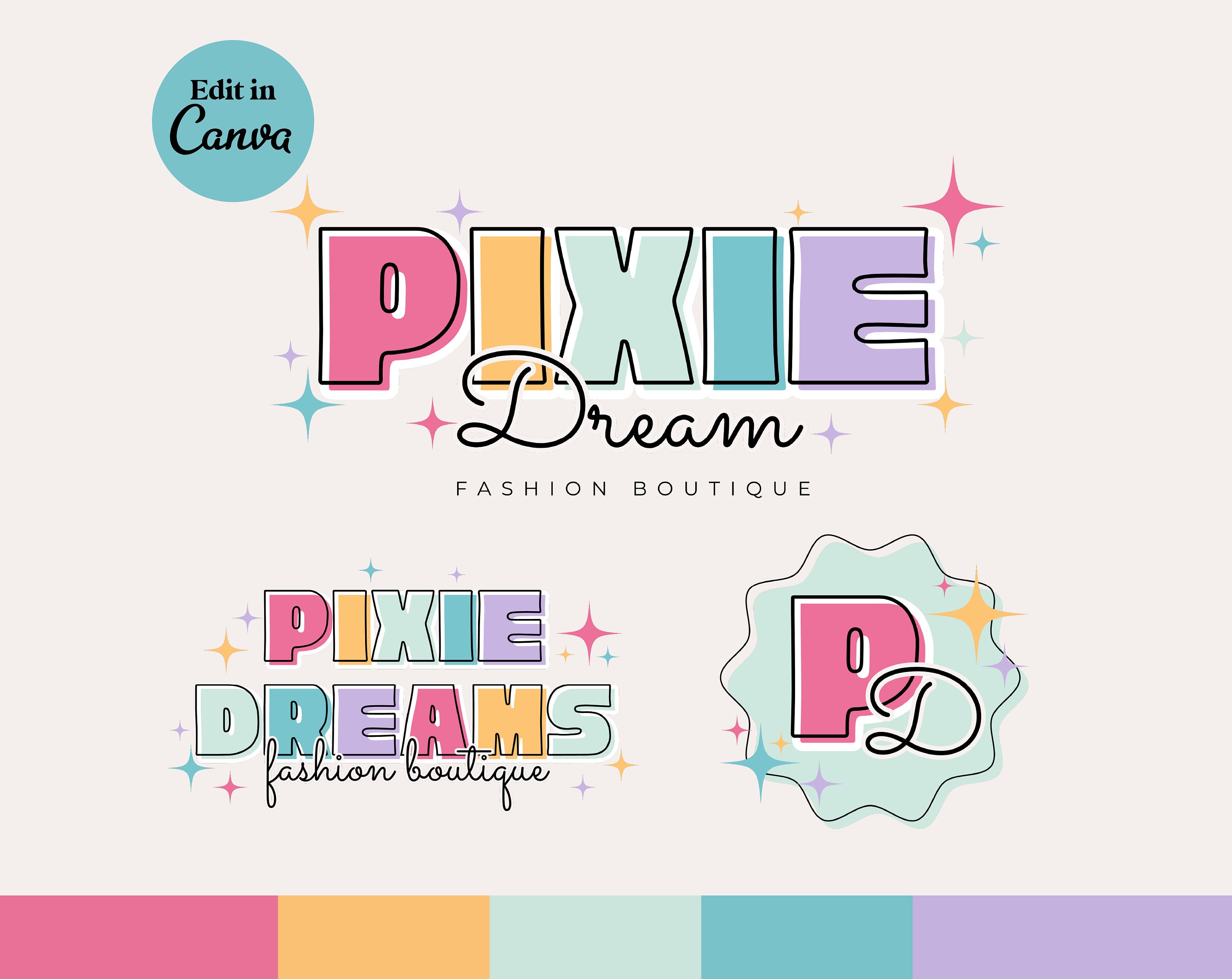 DIY Sparkle Logo Canva Template | Pixie Dreams Pretty Editable Retro ...