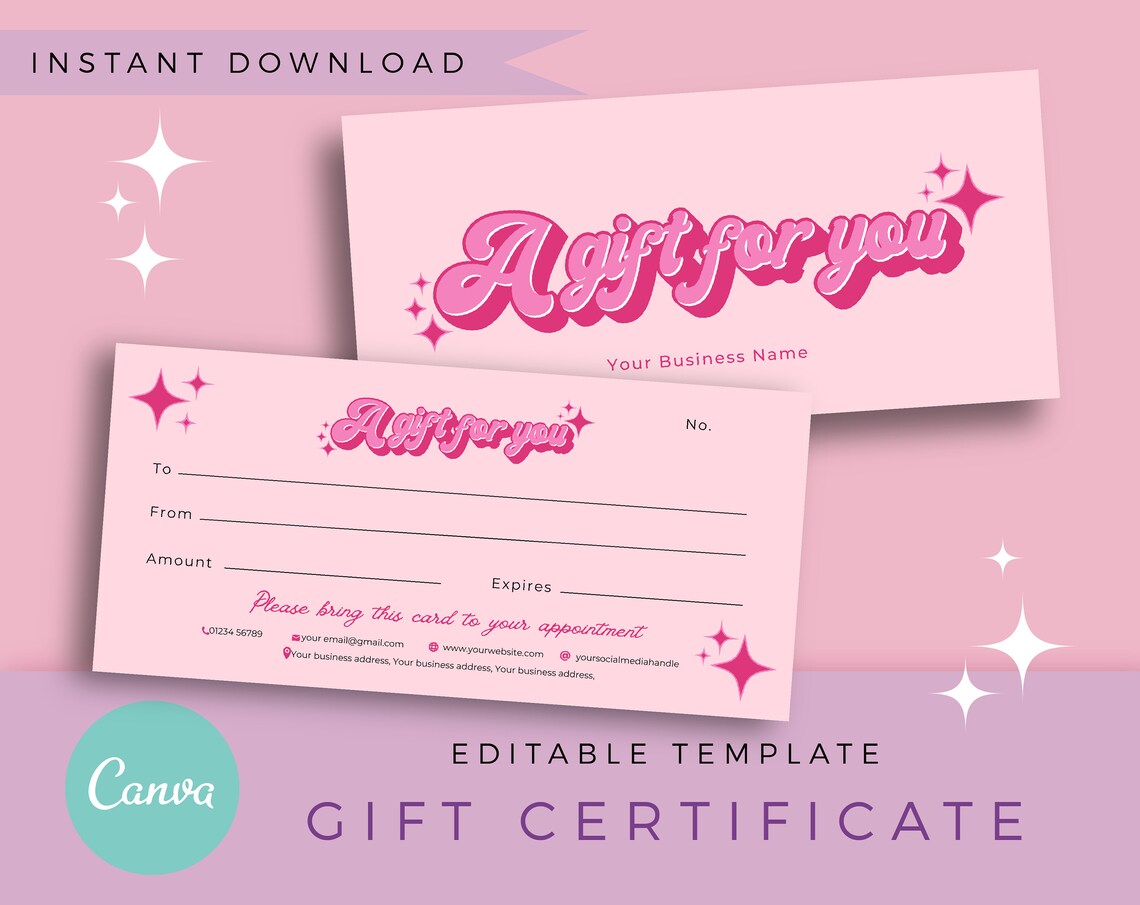 Gift Certificate | Editable Canva Template- Pink Retro Customisable ...