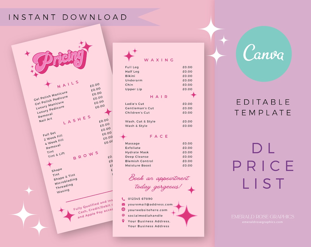 Price List | Editable Canva Template- Pink Retro DIY Customisable Price ...