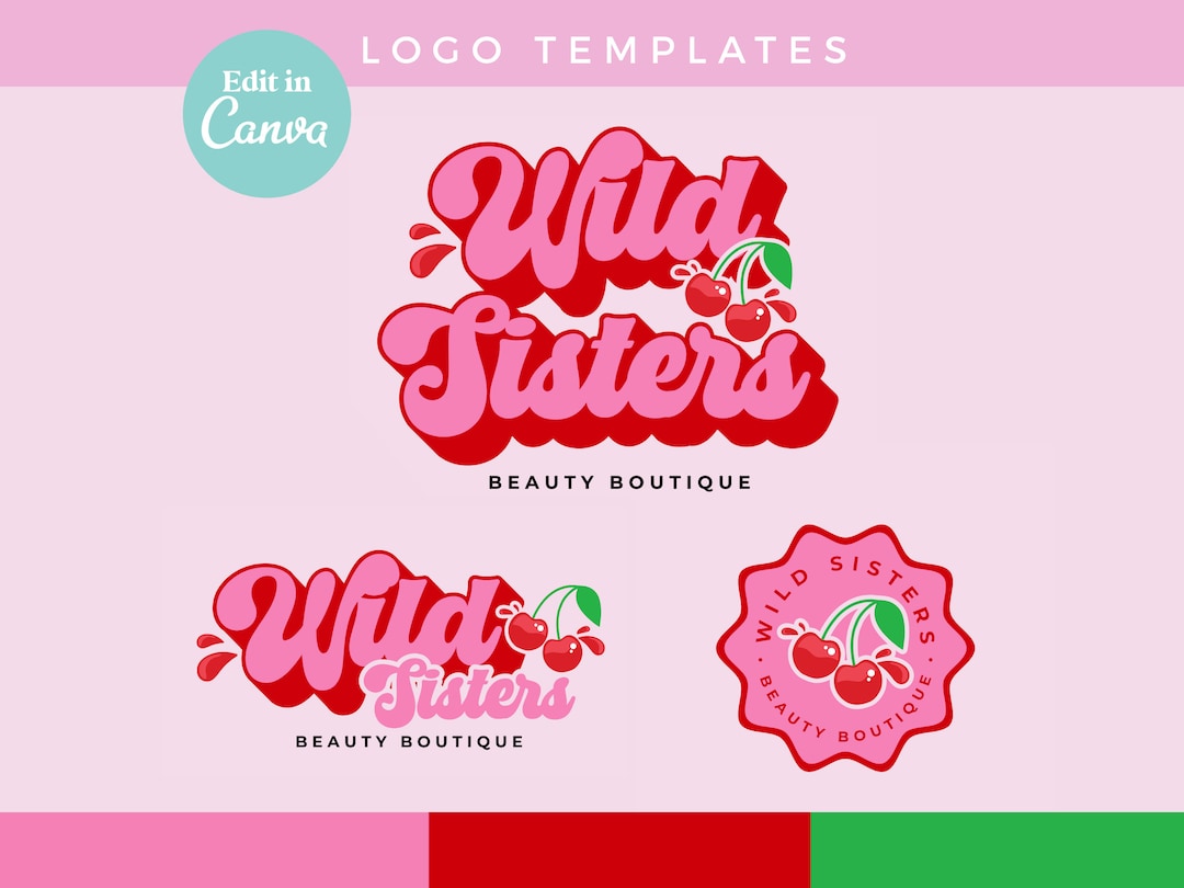 Canva Pink Red Cherry Logo DIY Template | Editable Fun Retro Logo ...