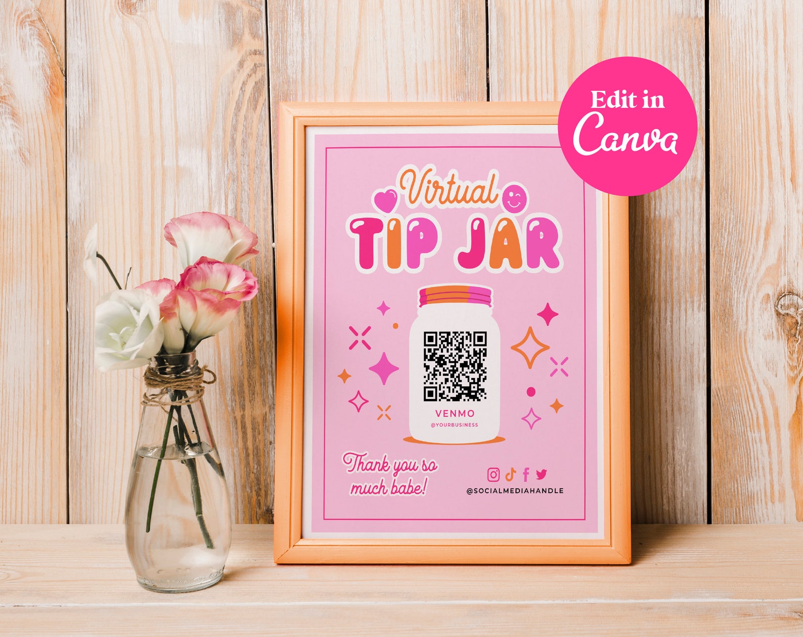 Virtual Tip Jar Sign 8x10 | Editable Canva Template- Cute Pink Bubble ...