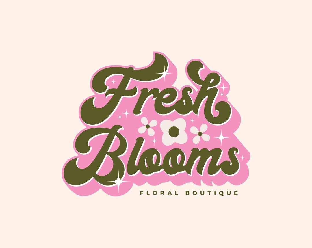 Floral Retro Logo Pink & Green Logo Branding, Pretty Florist Logo ...