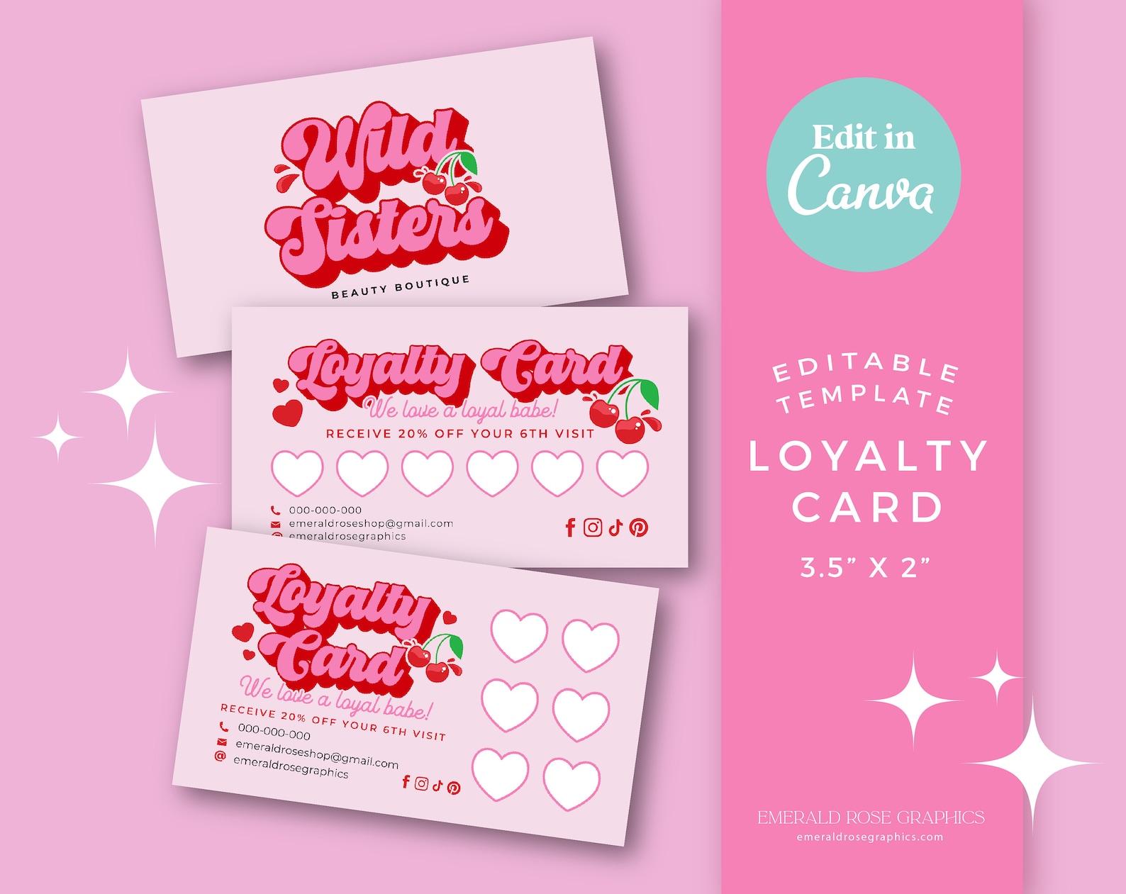 Pink Red Cherry Loyalty Card Canva Template | Business Card Design, DIY ...