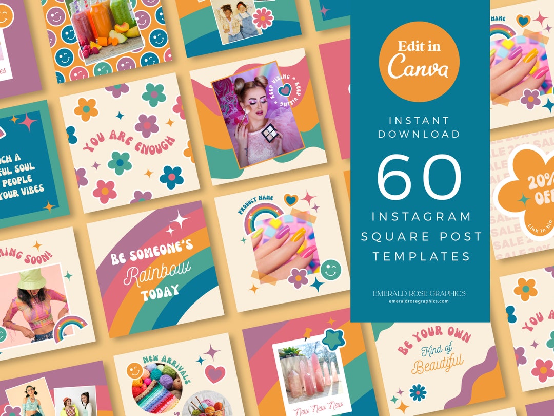 60 Canva Instagram Post Templates - Rainbow Retro Cute Posts, Editable ...