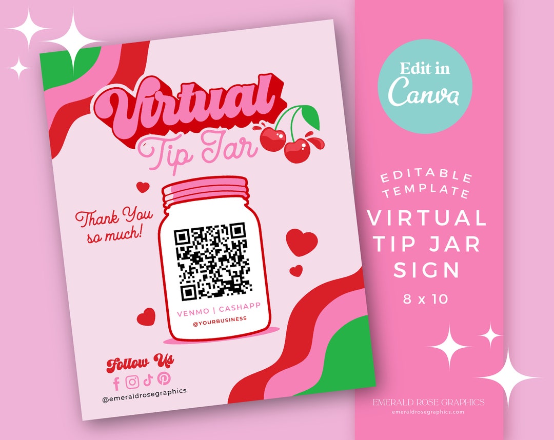 Virtual Tip Jar Sign 8x10 | Editable Canva Pink Red Cherry Template ...