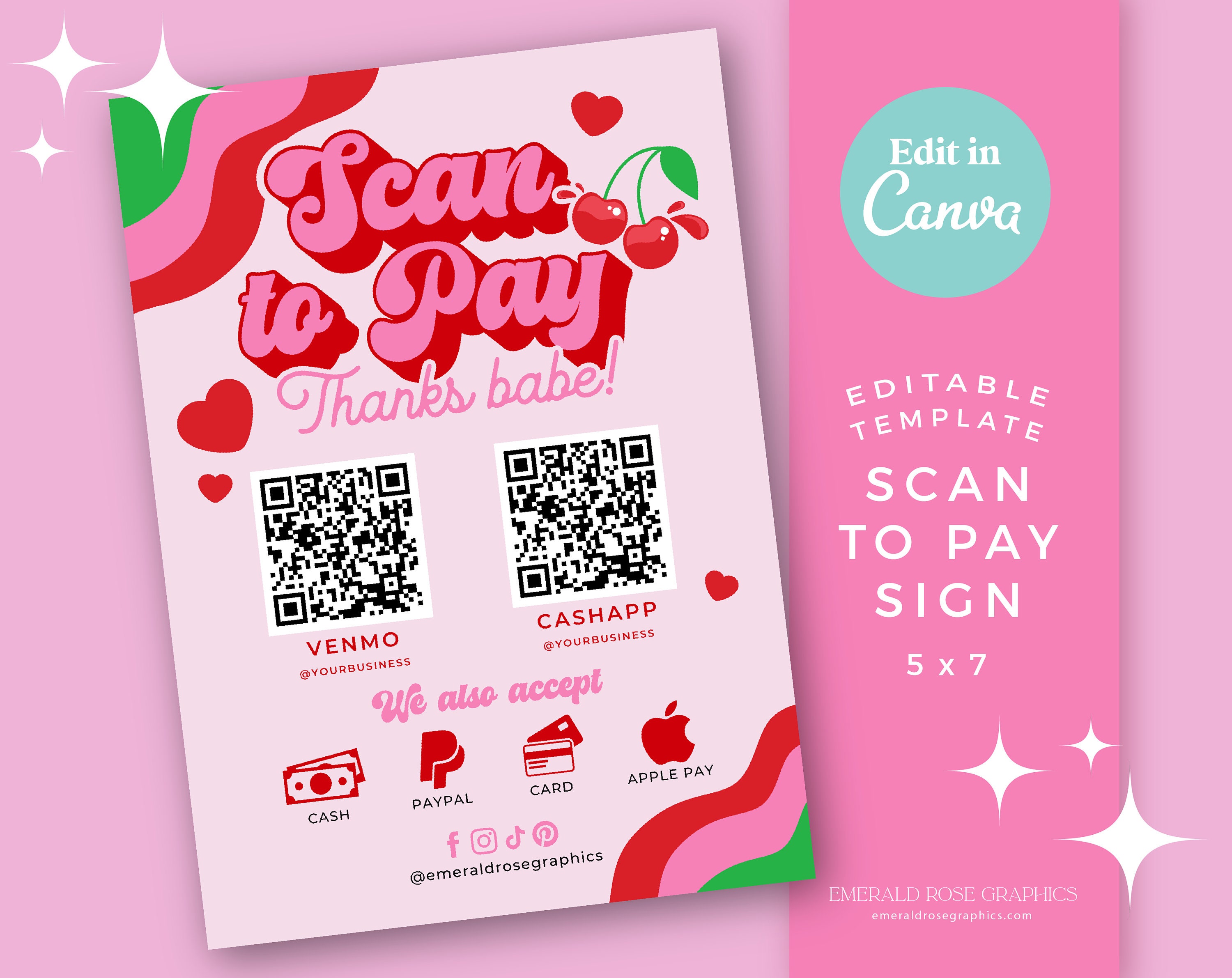 Scan to Pay Sign 5x7 | Editable Canva Pink Red Cherry Template- Logo QR ...