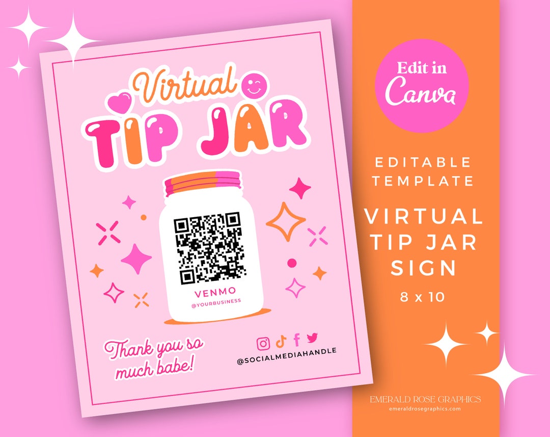 Virtual Tip Jar Sign 8x10 | Editable Canva Template- Cute Pink Bubble ...