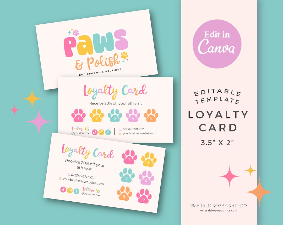 Dog Grooming Loyalty Card Canva Template | Business Card Design, DIY ...