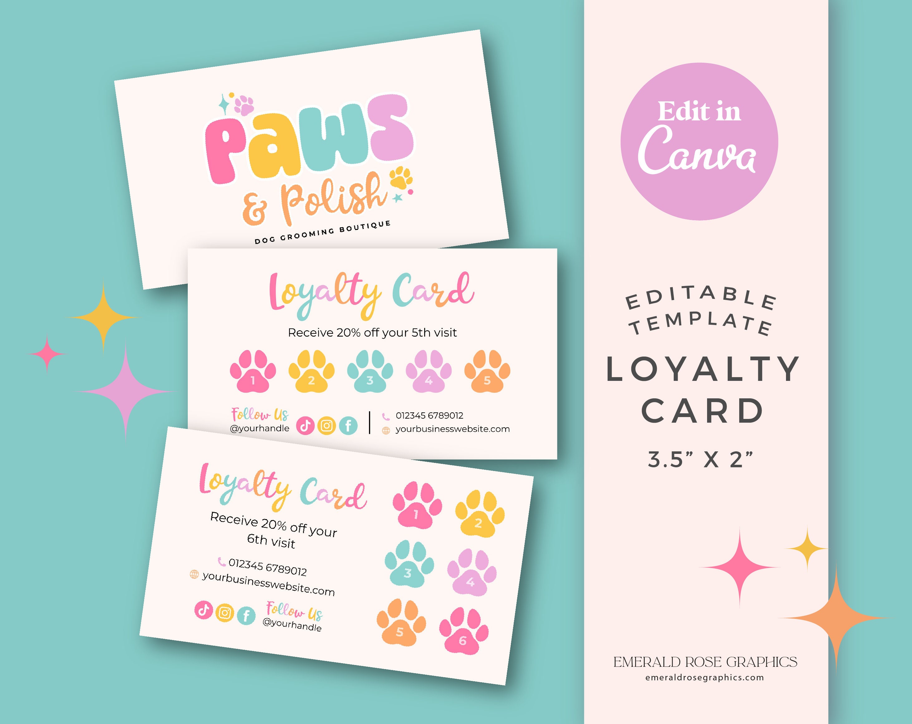 Dog Grooming Loyalty Card Canva Template | Business Card Design, DIY ...