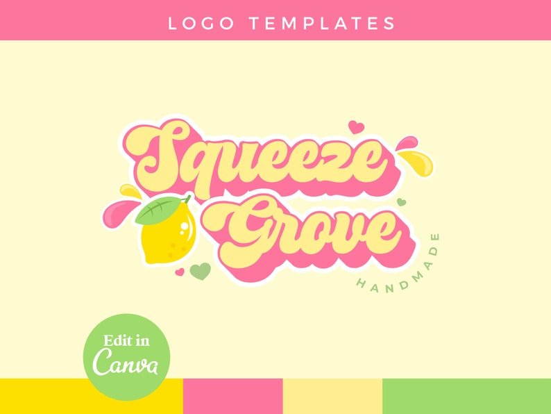 DIY Pink Yellow Lemon Logo Canva Template | Editable Fun Retro Logo ...