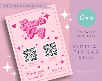 Virtual Tip Jar Sign | Editable Canva Template- Pink Retro Customisable ...