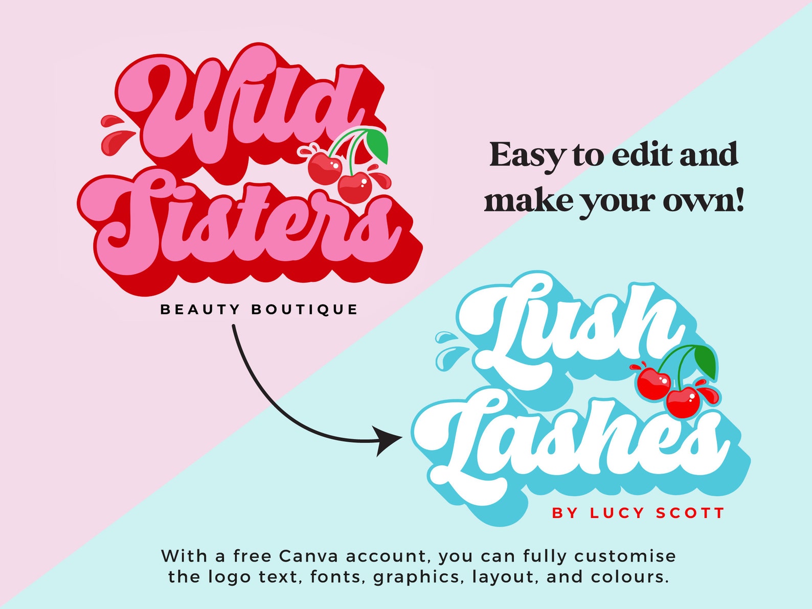 DIY Pink Strawberry Logo Canva Template Editable Fun Retro Logo Design ...