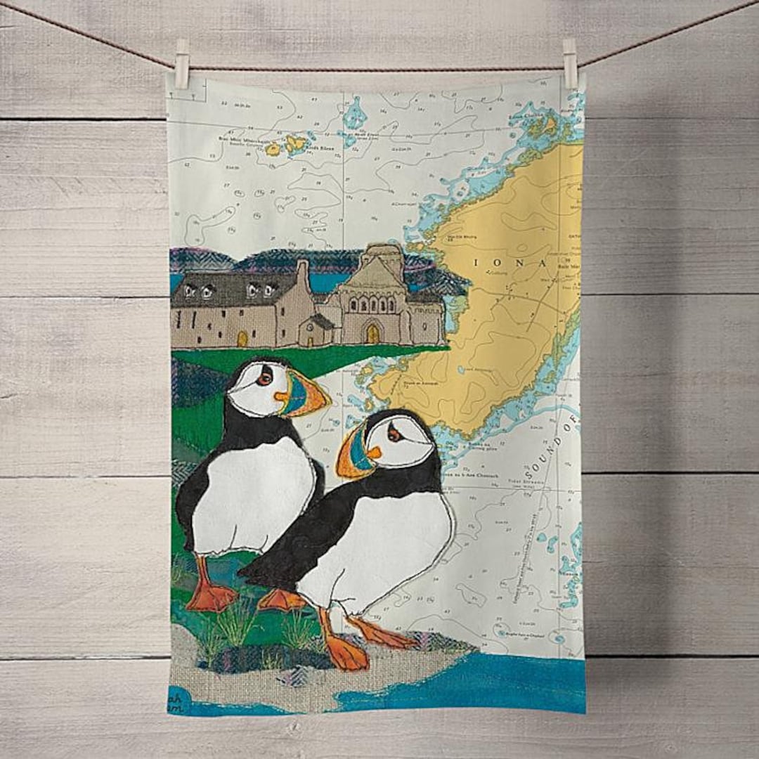 Puffins at Iona Tea Towel - Coastal Themes on Old Sea Charts by Hannah ...