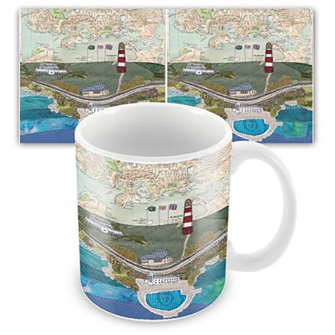 Plymouth Hoe and Lido Devon Mug Coastal Themes Sewn on Old Sea Charts Maps Hannah Wisdom ...