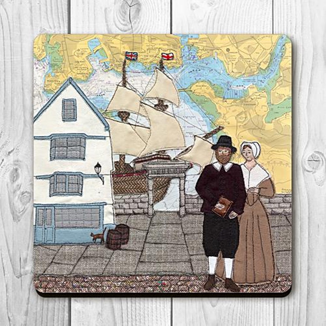 Pilgrims at Plymouth Devon Coaster by Hannah Wisdom Textiles - Etsy