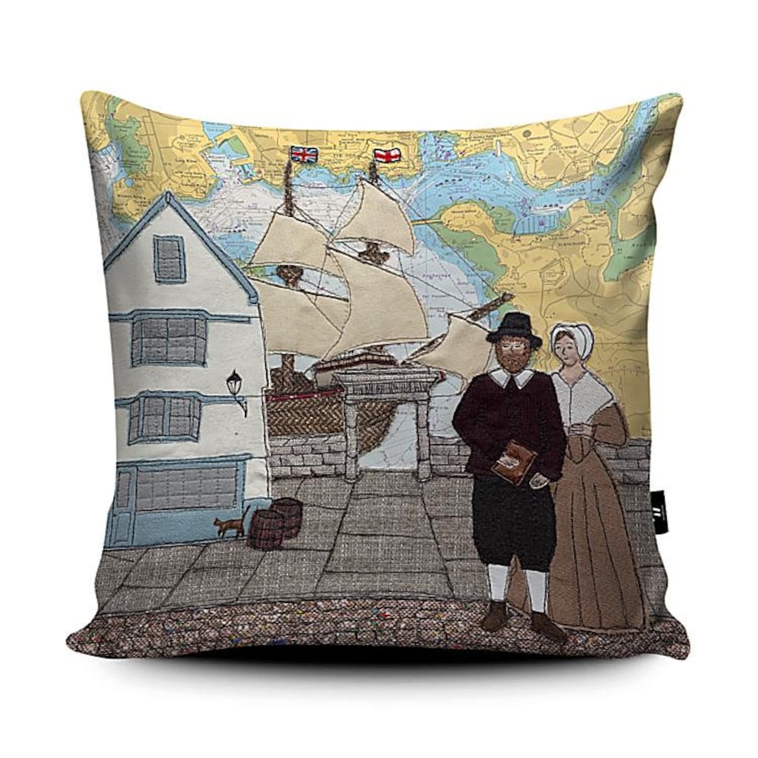 Pilgrims at Plymouth Cushion - Coastal Themes on Old Sea Charts Maps ...