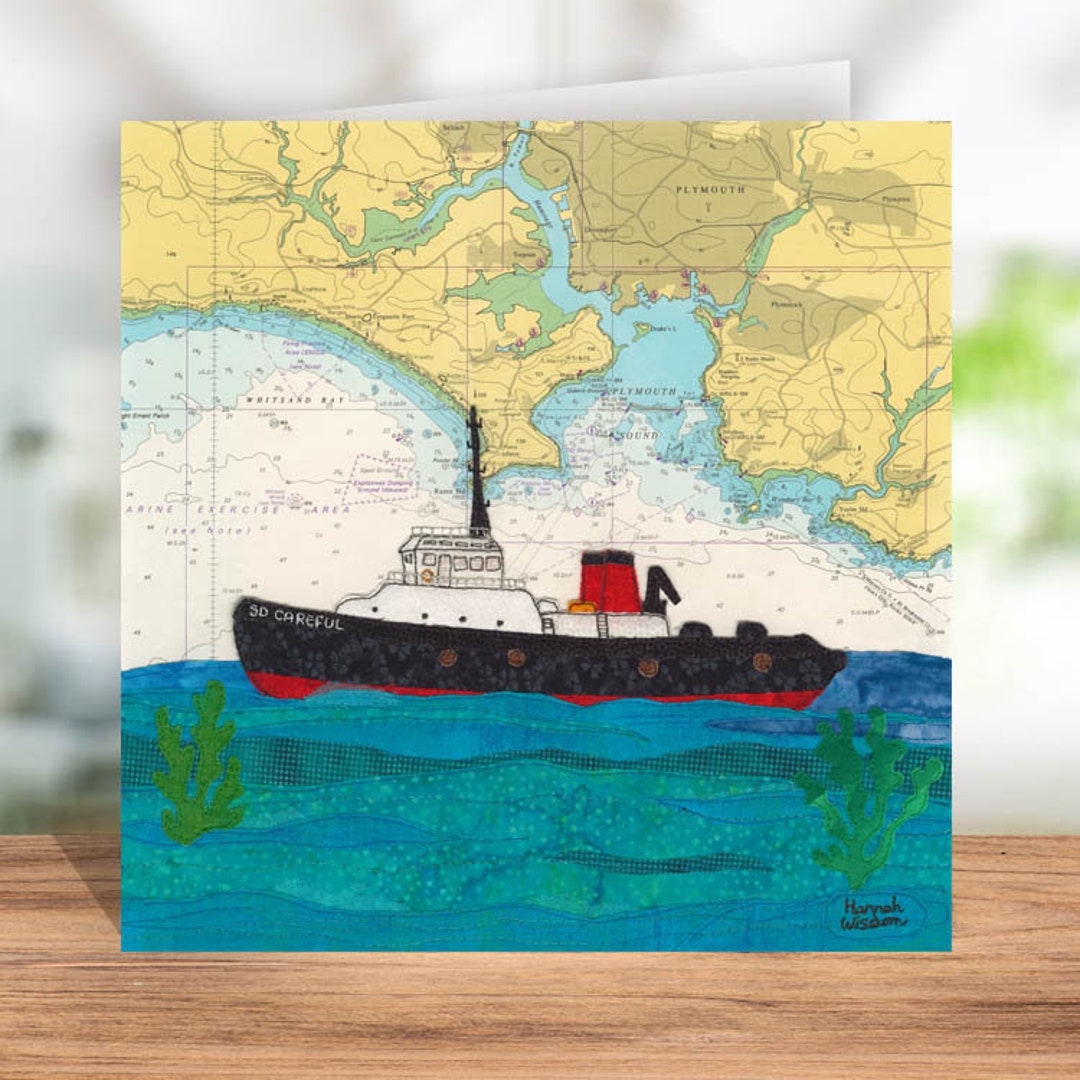 Tug at Plymouth Card by Hannah Wisdom Textiles | Textile Art Sewn on ...