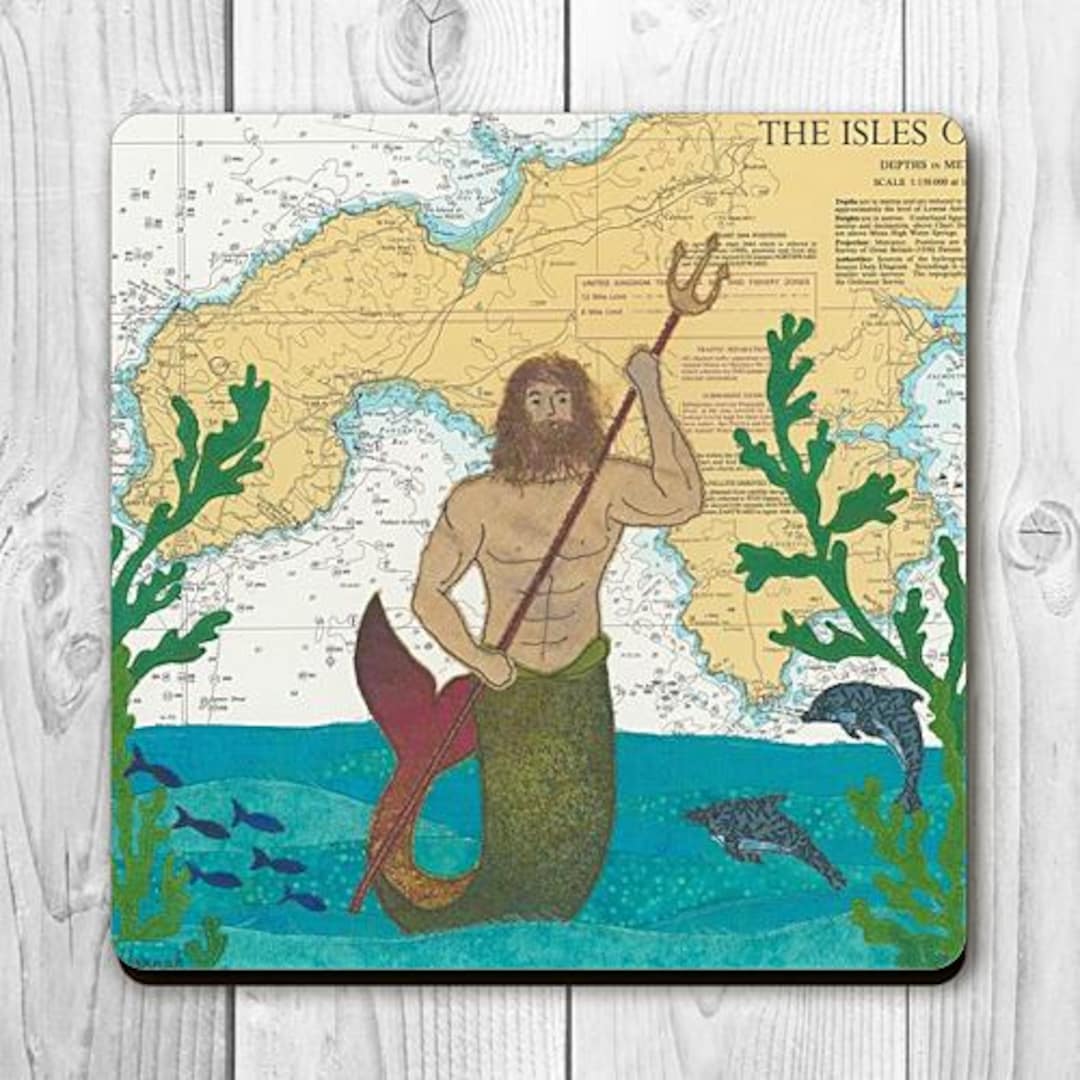 Cornish Merman Bucca Neptune Penzance Cornwall Coaster by Hannah Wisdom Textiles - Etsy