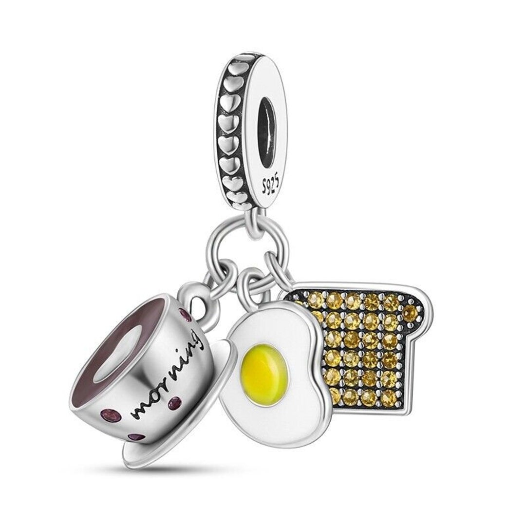 Cup of Coffee Toast & Egg Breakfast Charm Bead Dangle 925 Sterling ...