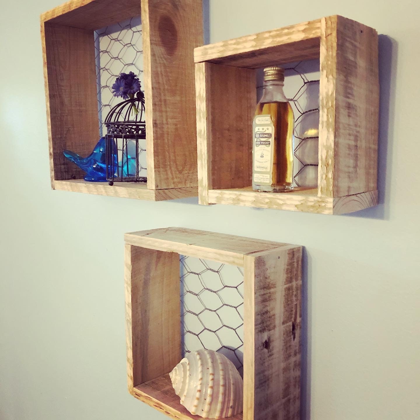 Set of 3 Square Rustic Wooden Box Shelves With Chicken Wire - Etsy