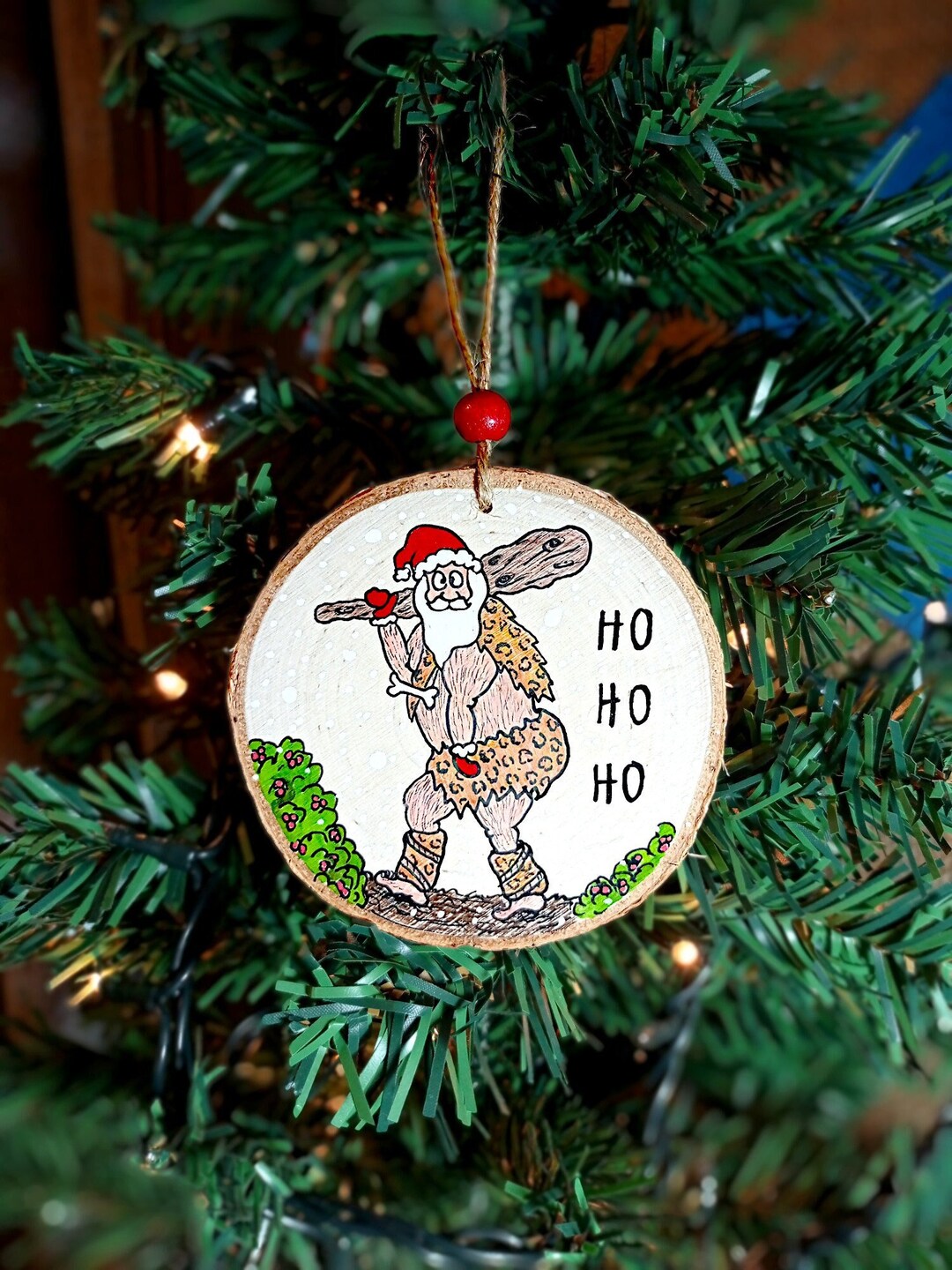 Caveman Prehistoric Santa Christmas Ornament, Silly Neanderthal, Wooden ...