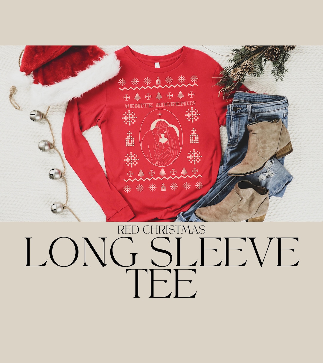 Red Christmas Long Sleeve Tee, Catholic Christmas Shirt, Catholic Gift ...